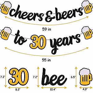 Cheers 30 Years Banner 30th Birthday Decorations for Men Women Him Her 30s Happy Birthday Theme Wedding Anniversary Party Supplies Black Sparkle Decorations Pre-strung