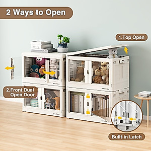 BROVIEW V7 4 Pack Stackable Storage Bins, 416QT 104 Gal Closet Organizers and Storage with Doors, Plastic Collapsible Storage Bins with Lids and wheels, Folding Storage Box for Home Dorm, Cream White