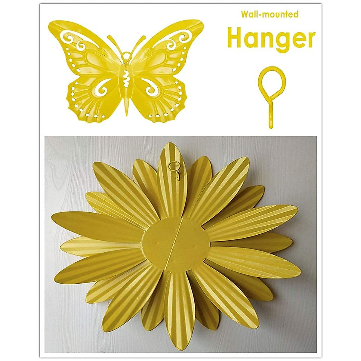 Meduofon Metal Flowers Wall Decor and Butterfly Wall Art, 3 PCS Metal Outdoor Fence Art Sculptures for Indoor Outside Garden Patio Wall Decorations (Yellow&Green)