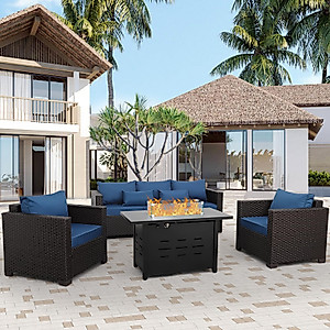 4 Piece Patio Furniture Set 45 Inches Fire Pit Table Outdoor Furniture Sets Patio Couch Outdoor Chairs 50000 BTU Propane Fire Pit with Non-Slip Cushions and Waterproof Covers, Navy Blue