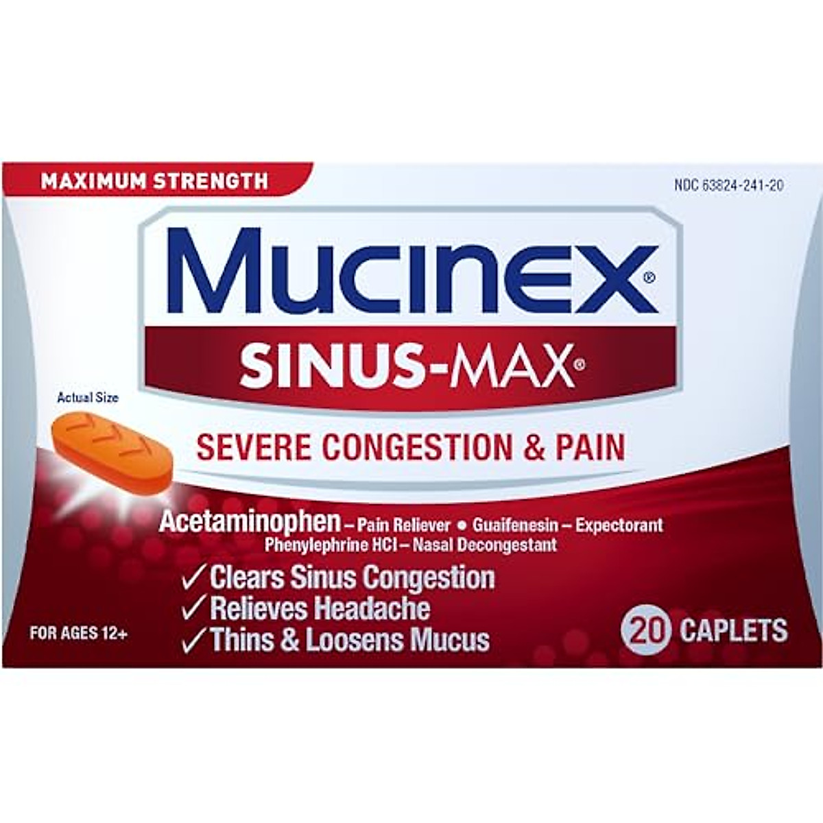 Mucinex Sinus Max Severe Congestion & Pain Relief, Maximum Strength Nasal & Sinus Relief, Decongestant for Adults, Acetaminophen Pain Reliever, Guaifenesin Expectorant and Mucus Removal, 20 Caplets