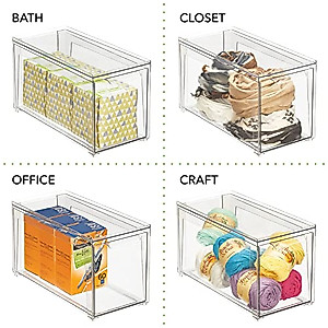 mDesign Plastic Stackable Closet Storage Organizer Bin Containers with Front Pull Drawer for Cabinet, Desk, Shelf, Cupboard, or Dresser Organization - Lumiere Collection - Clear
