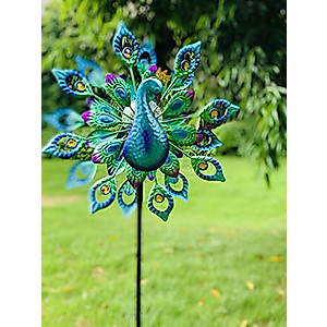 Wind Spinner Outdoor Metal Solar Powered Sculpture Large 15 inch Dia 65 inch Height Kinetic Windmills Peafowl Wind Catcher Glass Ball for Garden Lawn Yard Patio Decoration Vane for Backyar