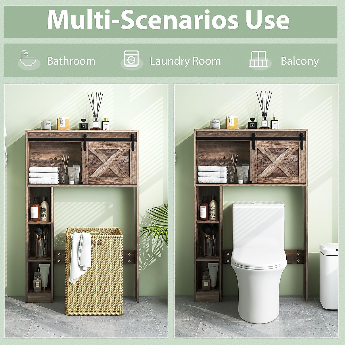 Tangkula Over The Toilet Storage Cabinet, Freestanding Bathroom Organizer above Toilet with Sliding Barn Door & Storage Shelves, Bathroom Space Saver for Laundry Balcony (Farmhouse, Natural)