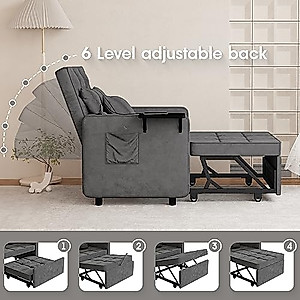 Vabches Sofa Bed Chair with Wing Table and USB Ports Outlet, 3-in-1 Sofa Chair Bed with Two Pillows, Velvet Sleeper Chair with Adjustable Backrest, Easy Assembly, Dark Grey