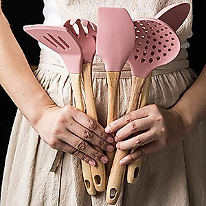 LMMDP Wooden Handle Silica Gel Cooker Non-stick Pan Household Kitchen Utensils Cooking Spoon Shovel Set