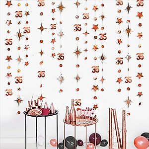 Rose Gold 35th Birthday Decorations Number 35 Circle Dot Twinkle Star Garland Metallic Hanging Streamer Bunting Banner Backdrop for Womens Thirty Five Year Old Birthday 35th Anniversary Party Supplies