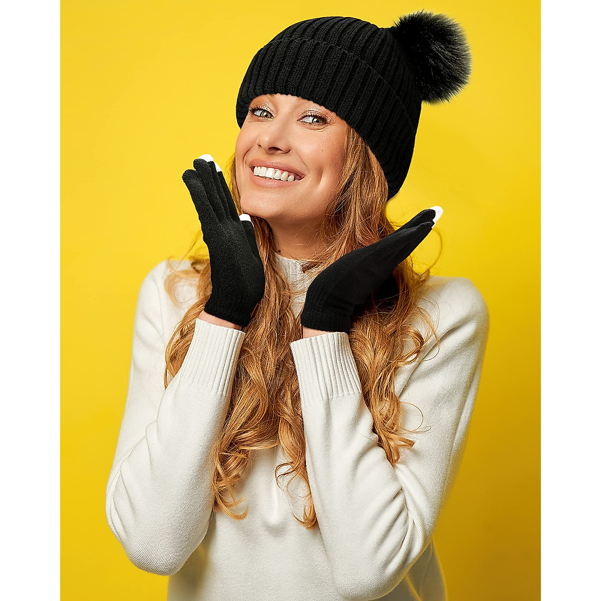 2 Pieces Satin Lined Winter Hats Women Pom Beanies Winter Knitted Pom Hat Touchscreen Gloves Set for Women Girls