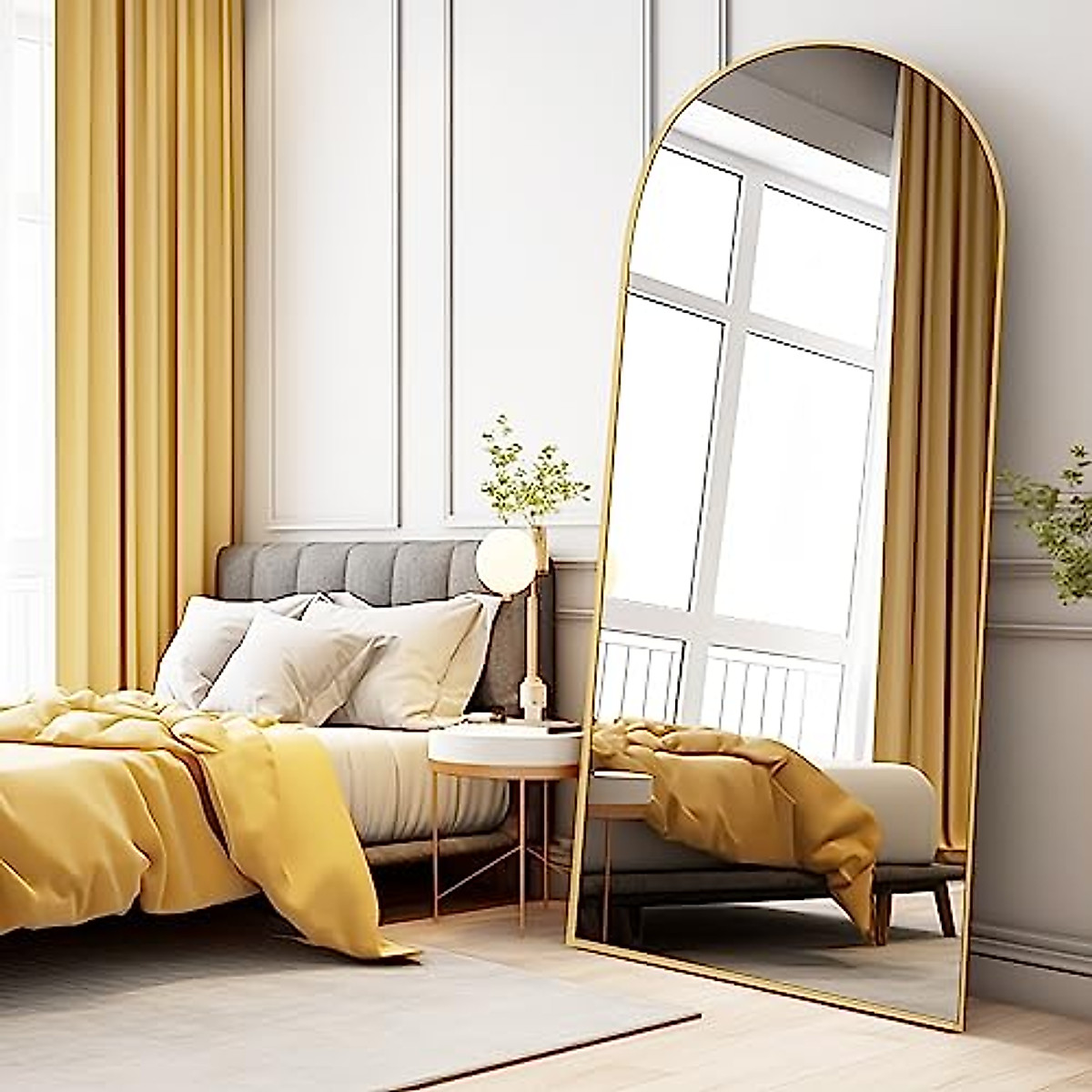 ABSWHLM 71"x32" Arched Mirror Full Length Large Mirror with Stand Aluminum Alloy Frame Floor Mirror for Living Room, Bedroom Hanging Standing or Leaning Wall-Mounted, Gold