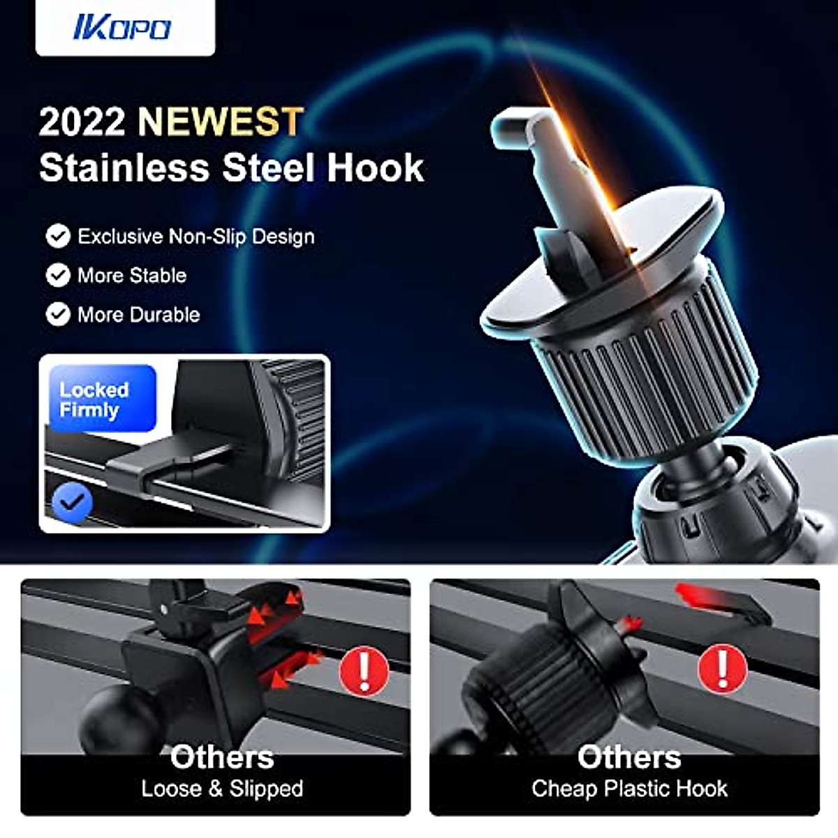 IKOPO Phone Mount for Car Vent [Upgrade Metal Hook - 100% Never Fall], Universal Car Cell Phone Holder Suitable for All iPhone, Samsung, LG and More【Fit for Big Phones & Thick Case】