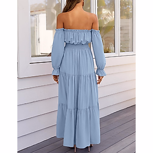 ZESICA Women's 2025 Boho Sexy Off Shoulder Long Sleeve Smocked High Waist Side Split Flowy A Line Tiered Long Maxi Dress,LightBlue,Medium