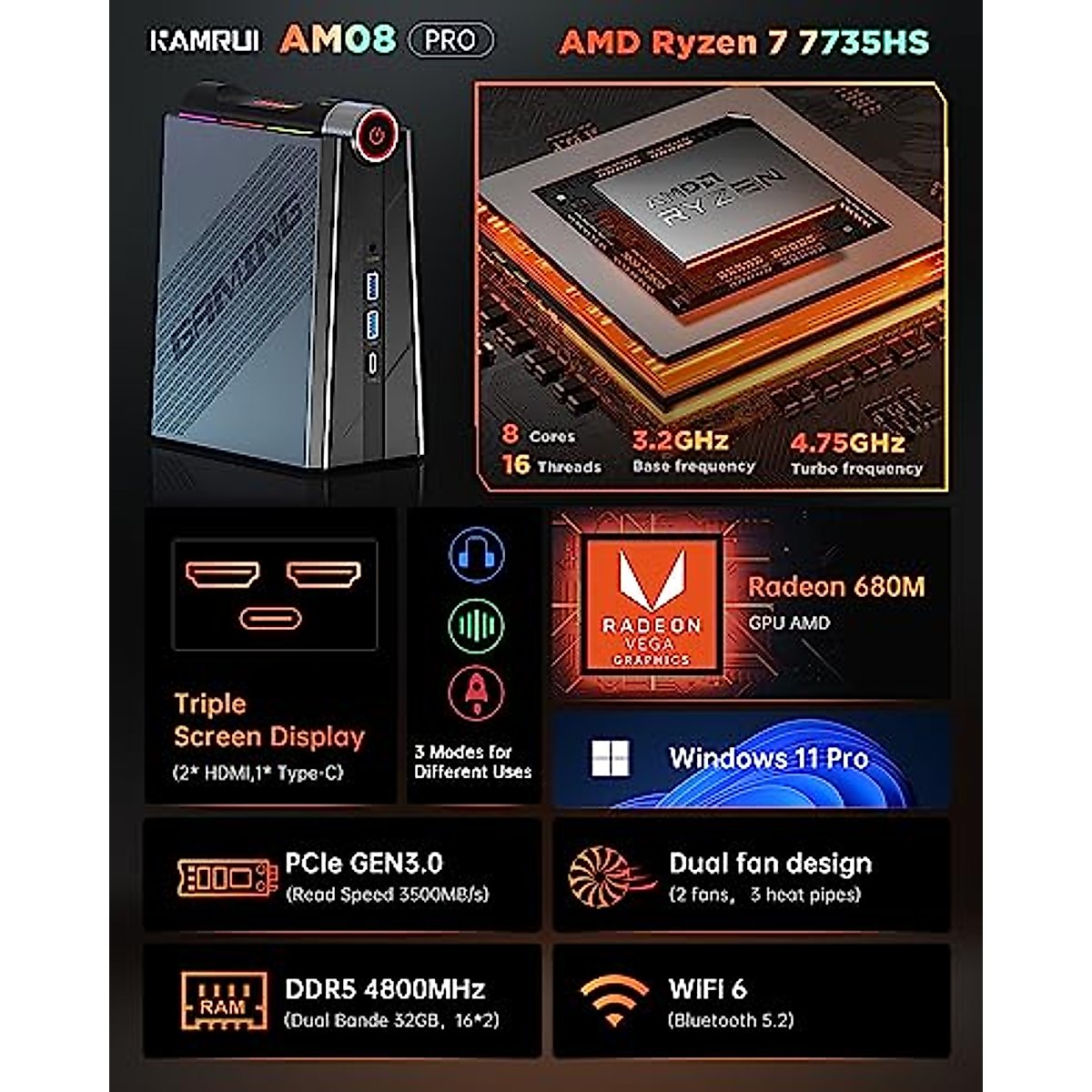 KAMRUI Ryzen Mini PC Gaming,32GB DDR5 Dual Channel 512GB SSD Mini Computer Tower with AMD Ryzen 7 7735HS, Small Desktop Computers Support 4K Triple Screen,RGB Lights,WiFi6,BT5.2,Type C,Windows 11 Pro