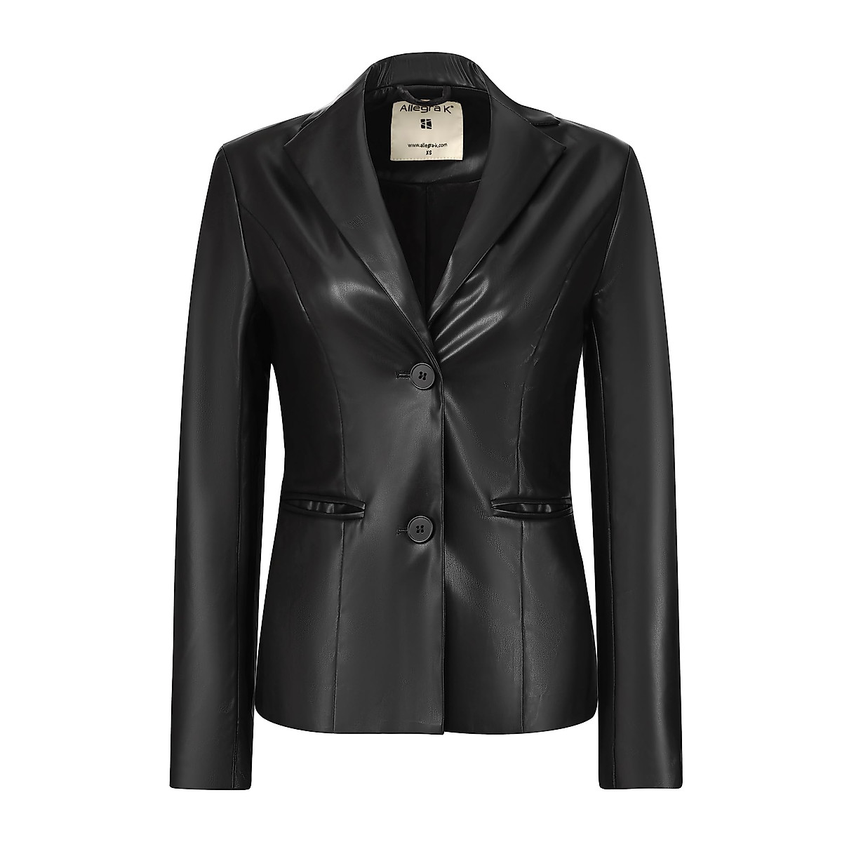 Allegra K Women's Faux Leather Blazer Slim Fit Notched Lapel Single-Breasted Office Jacket Coat Medium Black