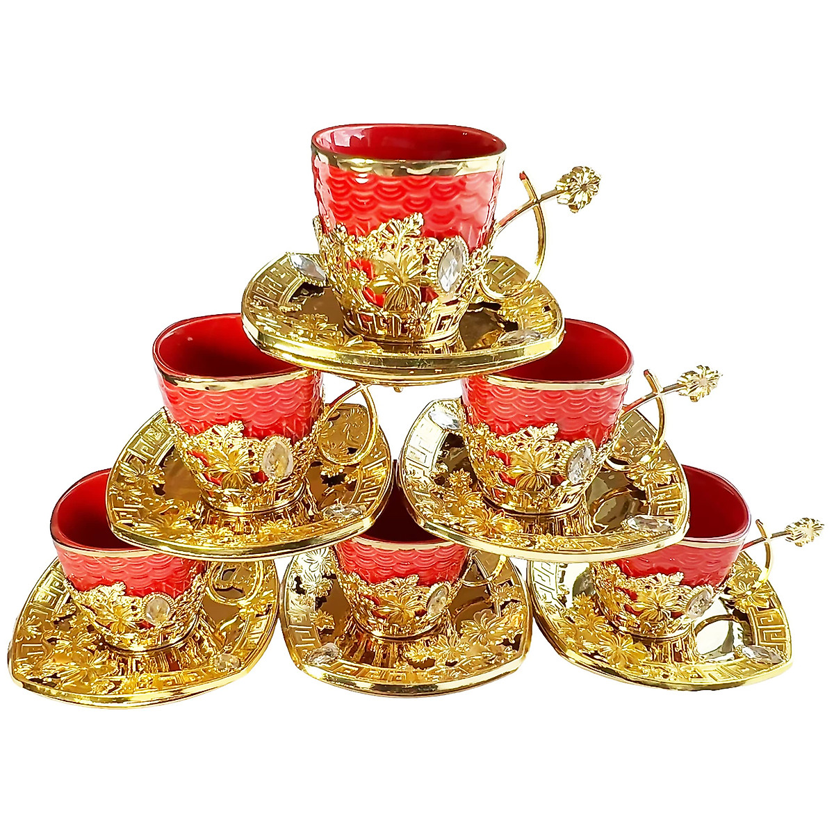 Chandler Turkish Coffee Set Espresso Greek Arabic Coffee Cup and Saucer 3 Fl oz with Gold Acrylic Gift Box Collection of 7 Colors and Designs (Red With Gold and White Gem)