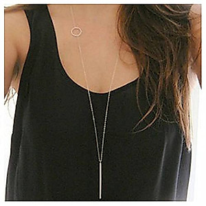 Yheakne Vertical Bar Circle Necklace Silver Circle Pendant Necklace Boho Long Necklaces Chain Minimalist Geometric Ring Necklace Jewelry for Women and Girls