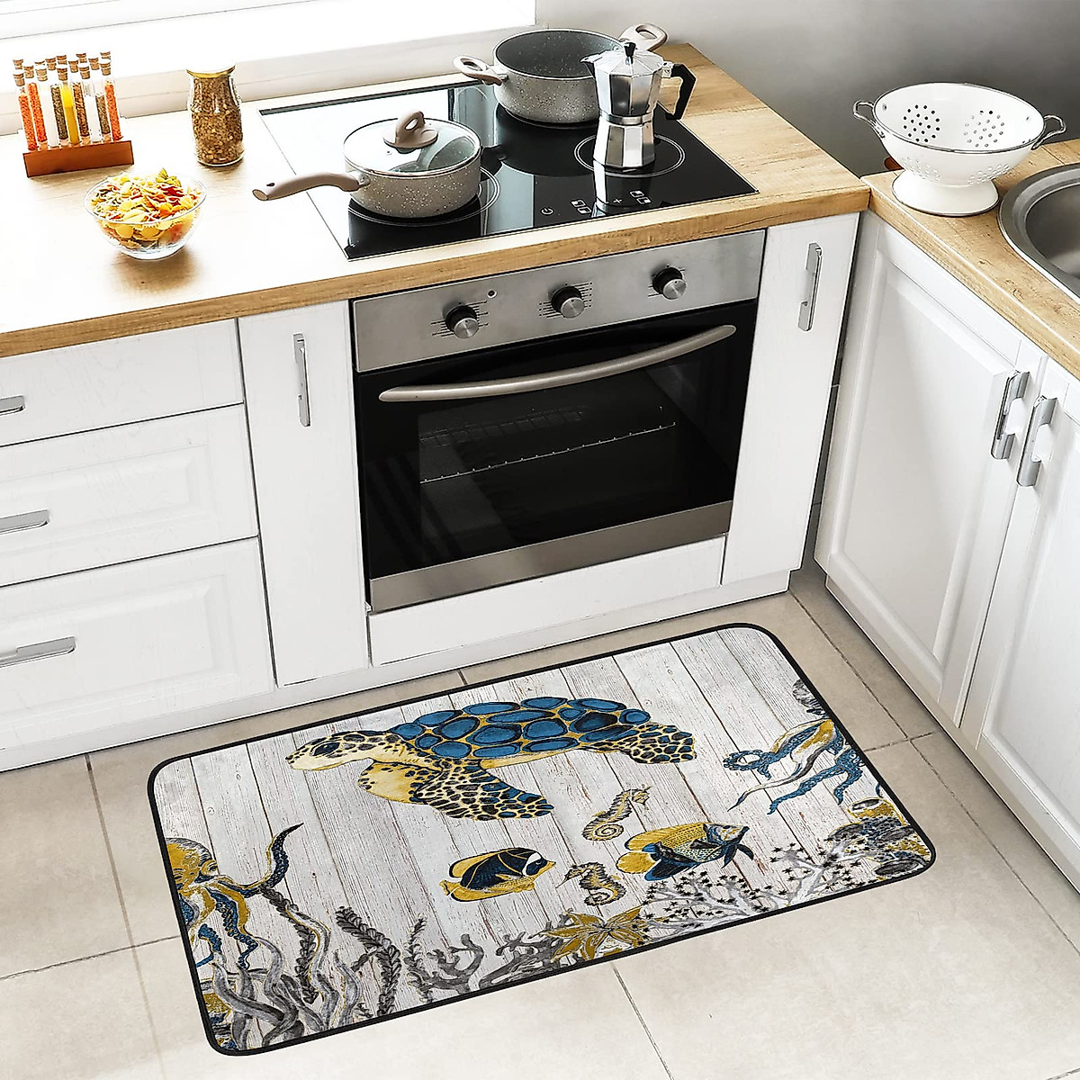 Sea Turtle Bathroom Area Rugs Fish Seahorses Octopus Coral on Wooden Bath Runner Floor Mat Washable Non-Slip Shower Carpet for Kitchen Living Room 39x20 inch