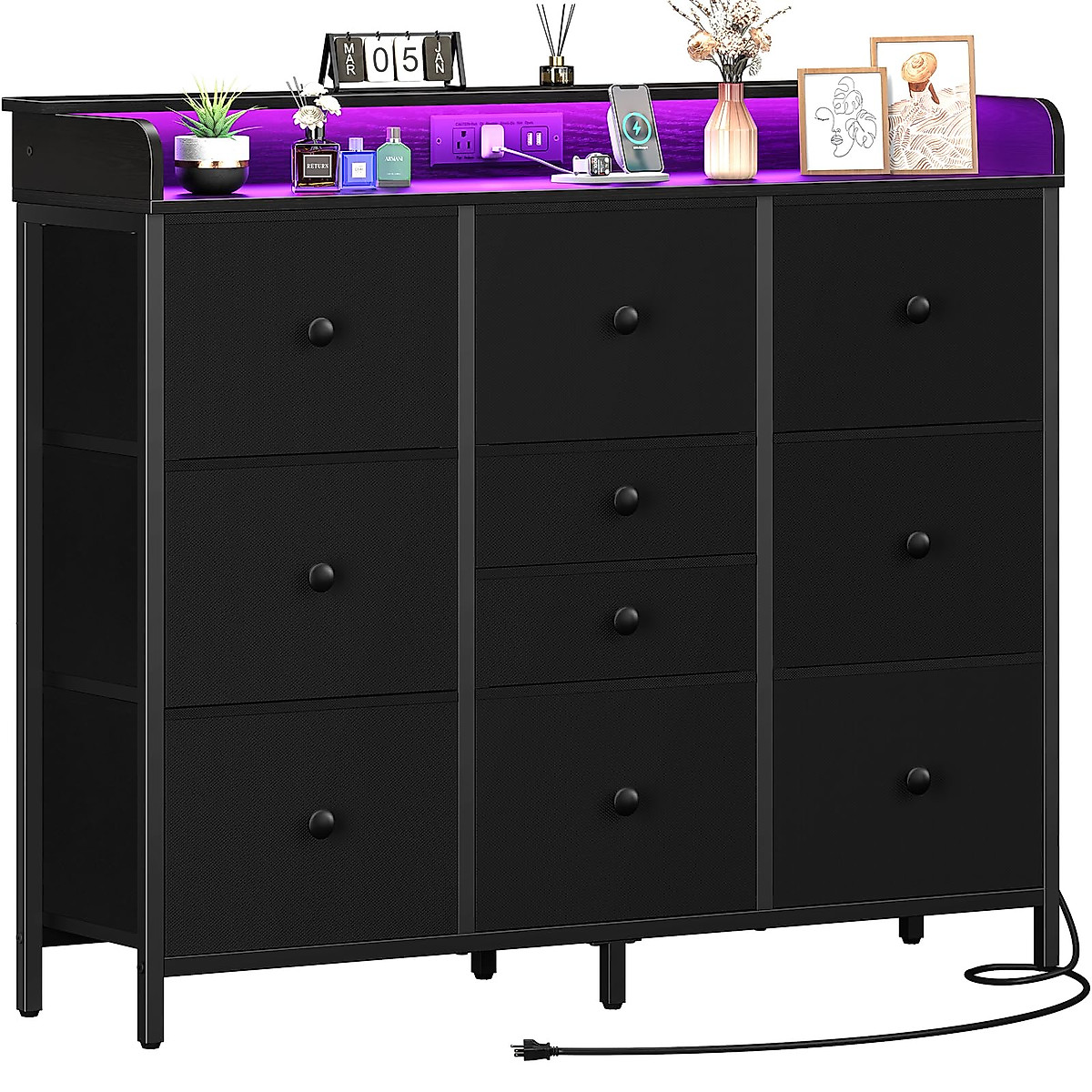 Yoobure Dresser for Bedroom with Charging Station and LED Lights, Tall Dresser TV Stand with 10 Storage Drawers,Fabric Black Dressers & Chests of Drawers,Wood Dresser for Bedroom Closet Organizer