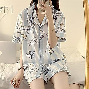 Oxsioeih Kawaii Silk Pajamas Set for Women & Girls Cute Cartoons Satin Button-down Shorts Two-piece Pj Sets Cardigan Sleepwear Loungewear for Summer