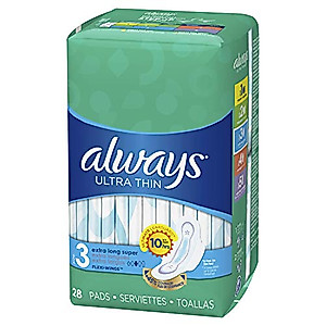 Always Ultra Thin Size 3 Extra Long Super Pads with Wings Unscented, 28 Count