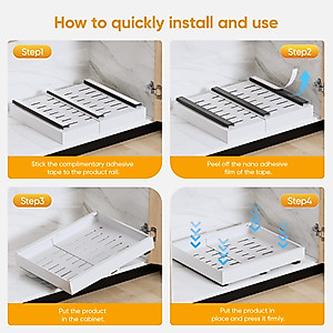 2 Pack Expandable Pull Out Cabinet Organizer Adhesive, Peel And Stick Slide Out Drawers for Kitchen Cabinets,Cabinet Pull Out Shelves For Kitchen Pantry Organization Adjustable Width 12.6"-21"