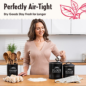 noonberry Black Canisters for Kitchen Counter, Set of 3 - Airtight Sugar and Flour Containers & Kitchen Utensil Holder, Rustic Farmhouse Canister Set for Kitchen Countertop