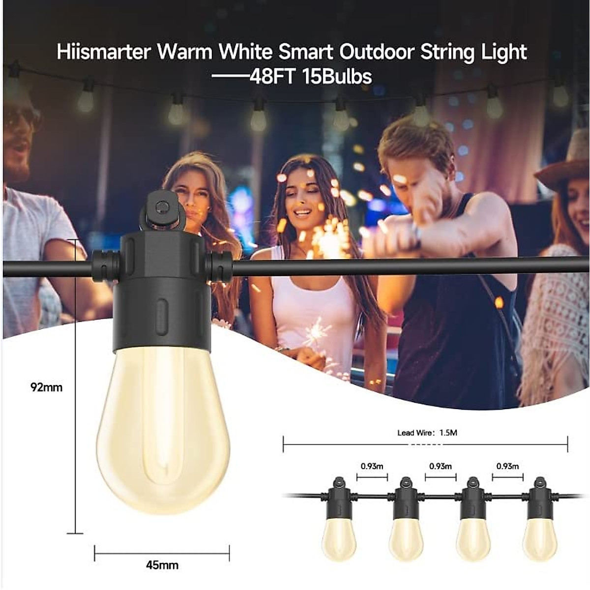 Hiismarter Patio Outdoor Lights, 48ft Smart LED String Lights with Alexa Control, Dimmable and Waterproof for Perfect Balcony, Backyard, Party, Wedding, Christmas and Camping Ambience