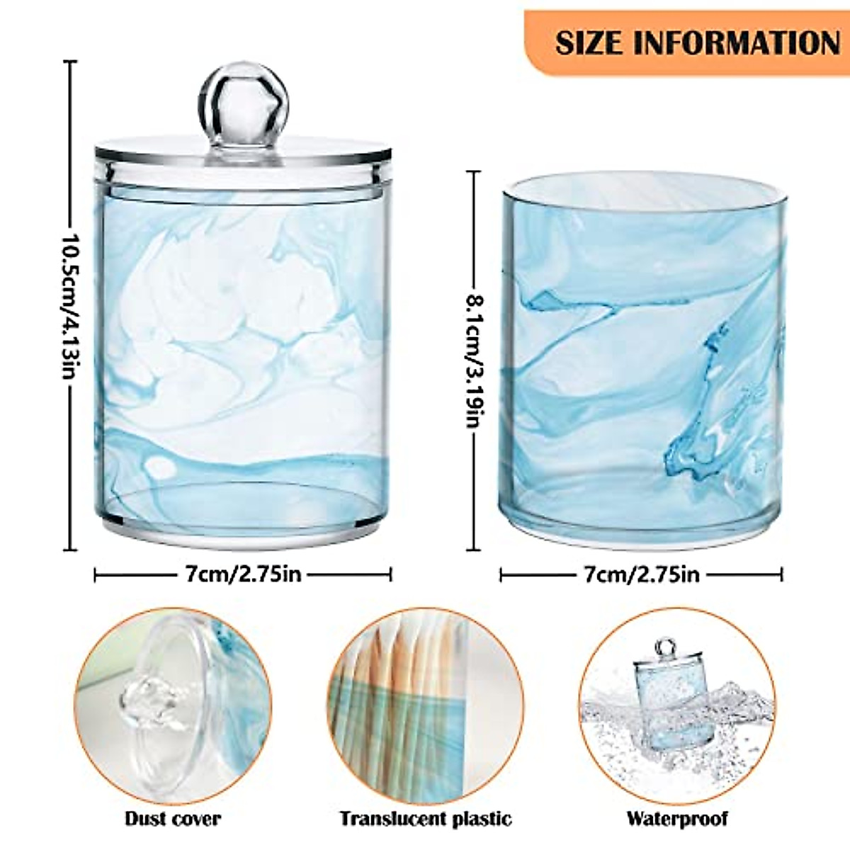 2 Pack Qtip Holder Organizer Dispenser Light Blue Marble Bathroom Storage Canister Cotton Ball Holder Bathroom Containers for Cotton Swabs/Pads/Floss