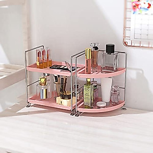 JANUS LiANG 2-Tier Bathroom Countertop Organizer Corner Perfume Shelf Stackable Cosmetic Storage Rack Vanity Tray (Pink & Silver)