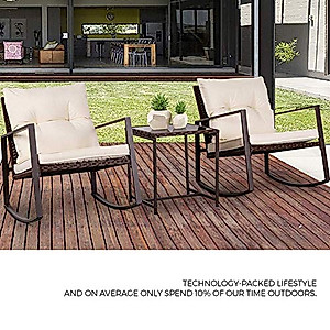SUNCROWN 3-Piece Outdoor Rocking Bistro Set Brown Wicker Patio Furniture Conversation Sets with Glass Coffee Table (Beige Cushion)