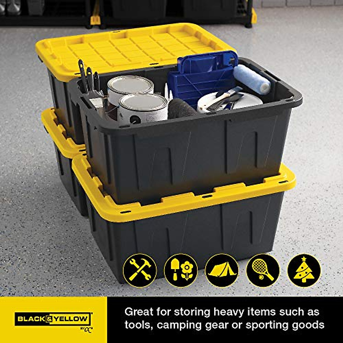 CX BLACK & YELLOW 27-Gallon Tough Storage Containers with Secure Snap Lid, Stackable, Extremely Durable, Nestable, 4 Pack