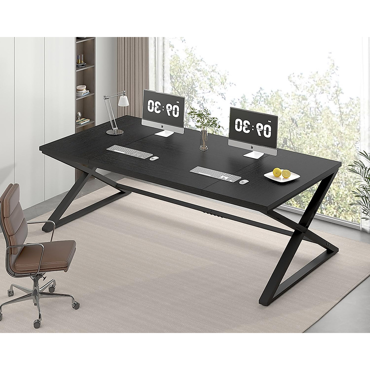 IBF Large Black Computer Desk, 70.8” Long Writing Desk for Home Office, Modern Simple Executive Work Study Desk for Two Person, Wood Double PC Gaming Workstation Computer Table for Bedroom, Black Oak