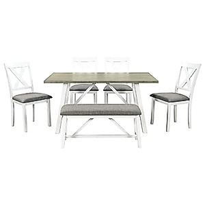 Merax 6 Piece Kitchen Dining Table Set, Wooden Rectangular Dining Table with Bench and 4 Chairs, Polyester Fabric, Rustic Style, Kitchen Furniture Set for 6 People, White+Gray