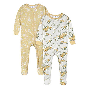Gerber Baby Girl's 4-Pack Footed Pajamas, Roses and Fox, 12 Months