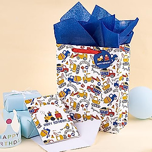 WRAPAHOLIC 13" Large Birthday Gift Bags with Card and Tissue Paper - Car Design for Kids Birthday, Gift Wrap