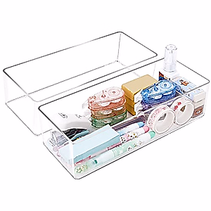 POPPEYGO Stackable Clear Drawer Organizers Small Makeup Vanity Storage Bins Trays and Office Desk Drawer Dividers Single Compartment 2 Pack