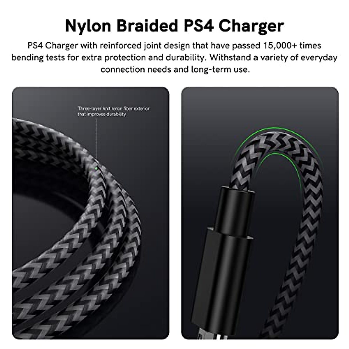 PS4 Controller Charging Cable, [2Pack 10FT] Micro USB Charger Play and Charger Data Sync Cord for PS4/ PS4 Pro/ PS4 Slim/ PS4 Controllers, Xbox One X/One S/One Elite/One Controllers - BlackGrey