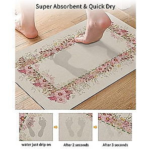 Spring Summer Bath Mat for Tub,Non Slip Bathroom Floor Runner Rug Quick Dry & Absorbent Diatomaceous Earth Shower Sink Kitchen Living Room Washable Doormat,Flower Florals Herb Plant Leaves 20"x32"