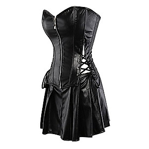 Blidece Woman's Punk Rock Faux Leather Steampunk Bustier Sexy Zip Dress Lingerie Skirt Overbust Plus Size Burlesque Corset Set Medium Black