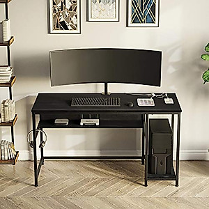 Rolanstar Computer Desk 55” with Power Outlet & Storage Shelves, Home Office PC Desk with USB Ports Charging Station, Writing Study Desktop Table with Stable Metal Frame, Black