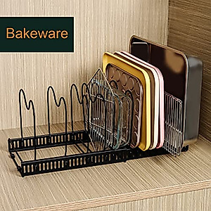 Mlesi Expandable Pot and Pan Organizer Rack, 12+ Pot Lid Organizer Holder, Bakeware Adjustable Rack, Kitchen Cabinet Organizer for Bakeware Cutting Boards, Black