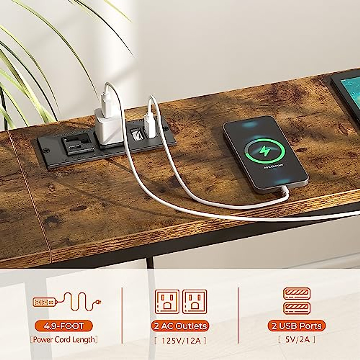 SUPERJARE Console Table with Outlet & USB Ports, 63 Inches Sofa Table with Charging Station, Narrow Entryway Table, Hallway Table, Behind Couch Table, for Living Room - Rustic Brown