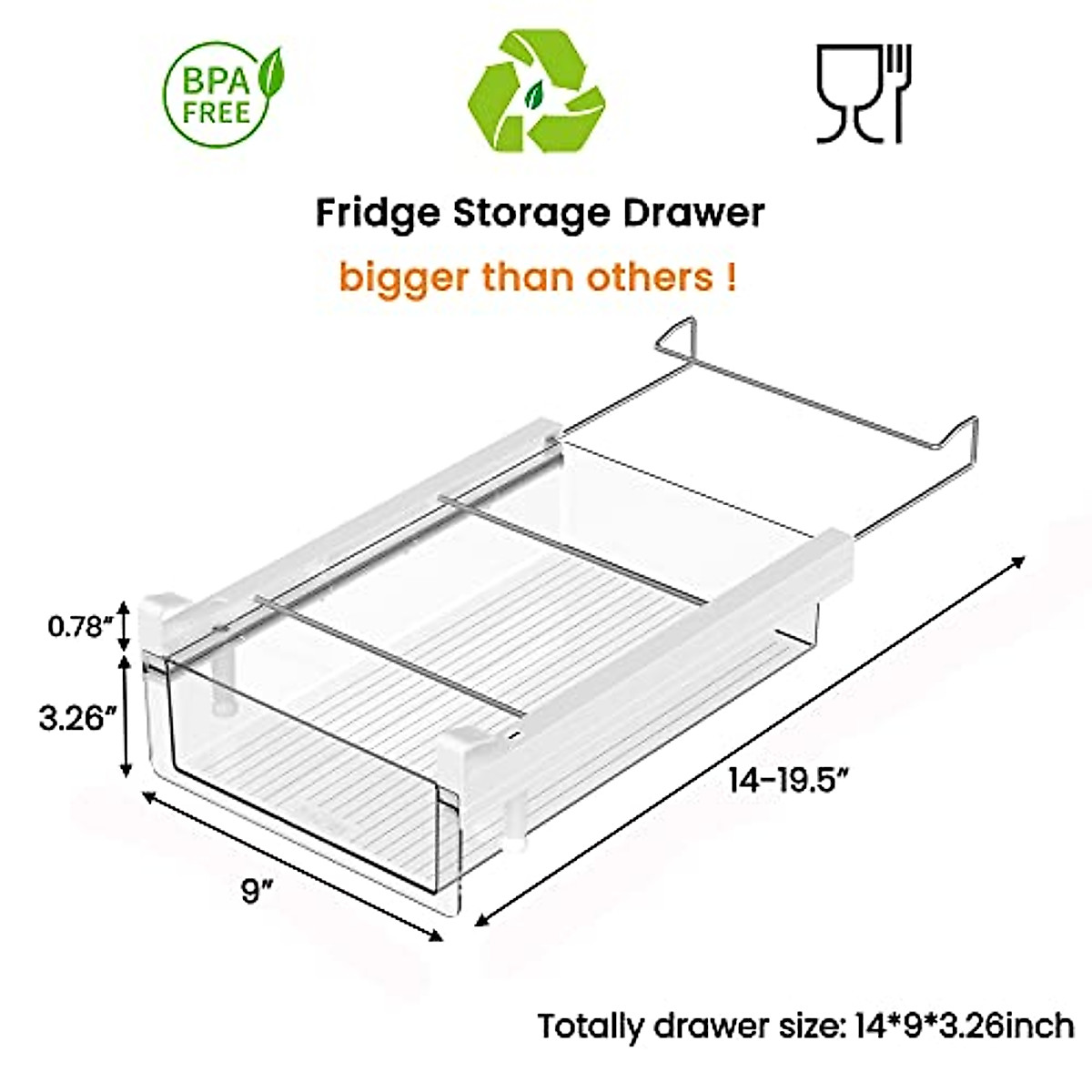 vacane Fridge Organizer Drawer, Clear Plastic Fridge Organizer Bins, Add on Refrigerator Drawer,Fridge Storage Container Under Shelf Holder for Fruit, Vegetable, Meat, Cheese, Easy to Install-L