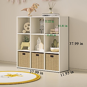 Wood Cube Storage Organizer Closet Cabinet for Living Room Bedroom Study Shelf Bookcase Wooden Floor Standing Open Bookshelf for Kids Home Office Display Storage Cabinet (White, 9-Cube, 11.81in)