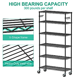 Folews 6-Tier Wire Shelving Unit with Wheels, Metal Storage Shelves Adjustable Layer Storage Rack Organizer Steel Utility Rolling Shelf for Home Kitchen Garage Pantry, Black(14D x 36W x 75H)