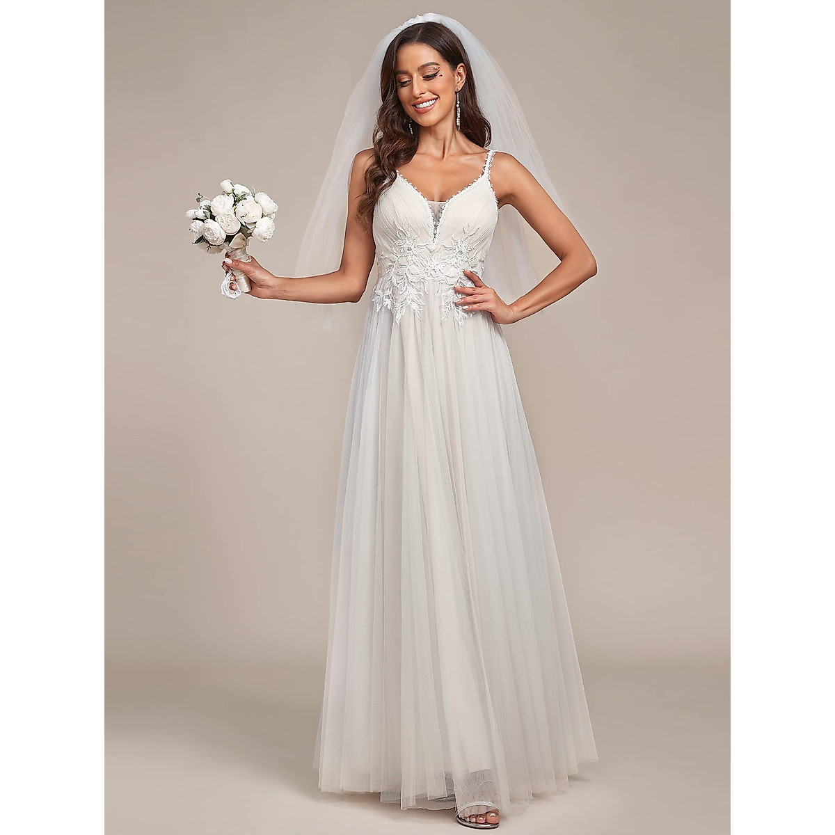 Ever-Pretty Women's Ruched Tulle Embroidered Lace Long Summer Evening Party Dresses for Wedding White US16