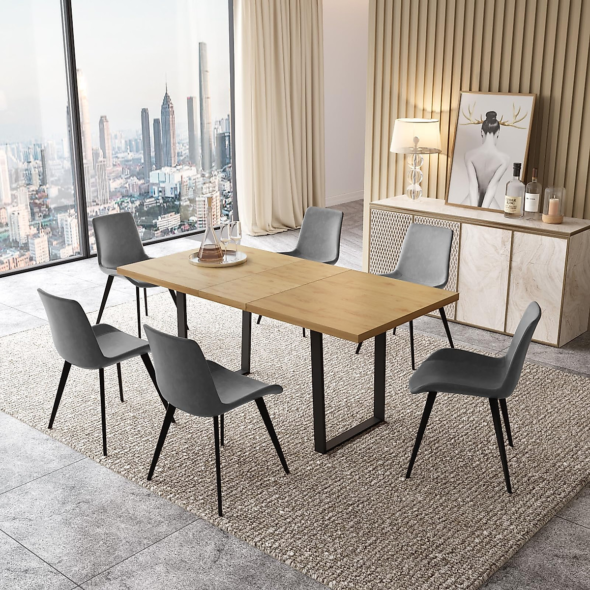 ZckyCine Dining Table Set for 6-8 People Kitchen Dining Room Table Set Extendable Wood Dining Table and 6 Upholstered Chairs, Home Kitchen Furniture