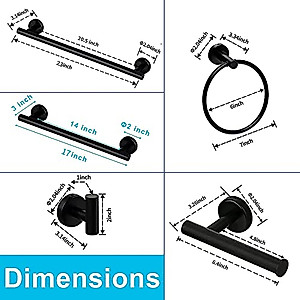 Bathroom Hardware Set, 6-Piece Matte Black Bath Accessories Set Wall Mount Includes 17/23" Towel Bar,Toilet Paper Holder,Towel Ring, 2 Hooks SUS304 Stainless Steel,Heavy Duty