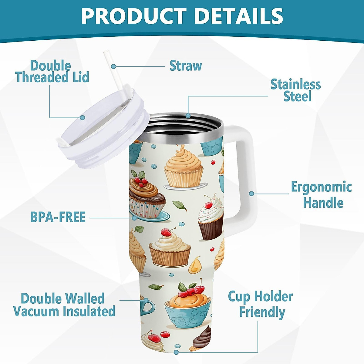 ARGTILDN 40 oz Tumbler Cupcakes Cherry Leaves Insulated Travel Mug with Handle and Straw Lid Stainless Steel Vacuum Coffee Cup Tea Beverage Container Water Bottles for Car Sports office