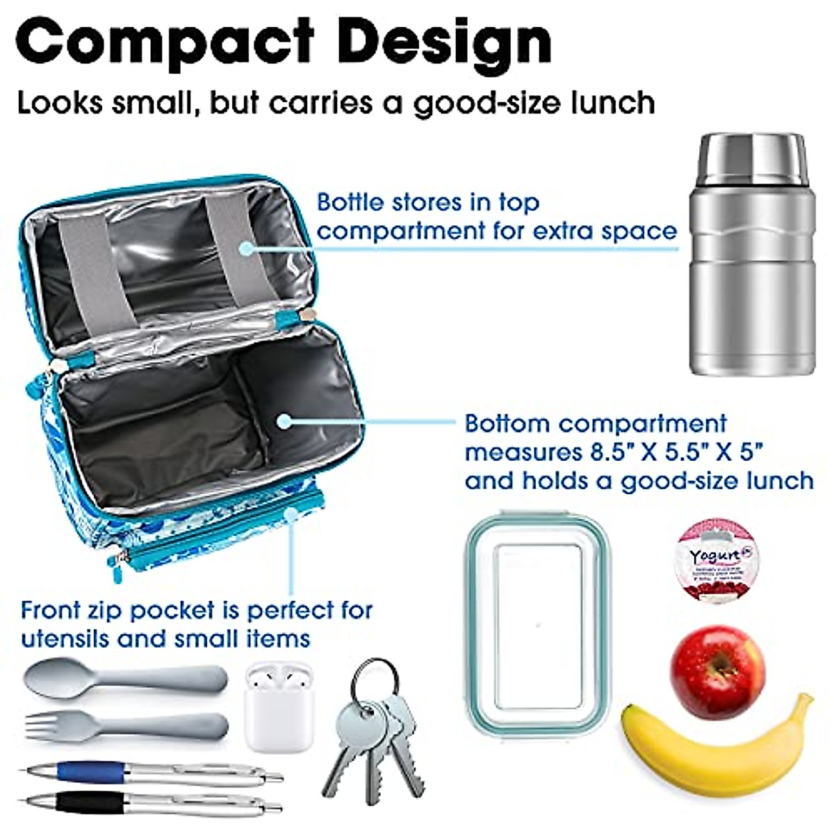 J World Corey Kids Lunch Bag. Insulated Lunch-Box for Girls, Women, Blue Vine