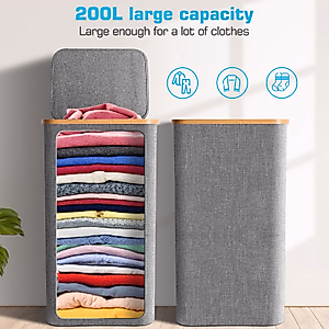 200L Laundry Hamper, HYSEYY 2-Pack Extra Large Laundry Baskets with Lid, Removable Inner Bags, Collapsible Rectangular Clothes Hamper, Laundry Organizer with Bamboo Handles for Laundry, Grey